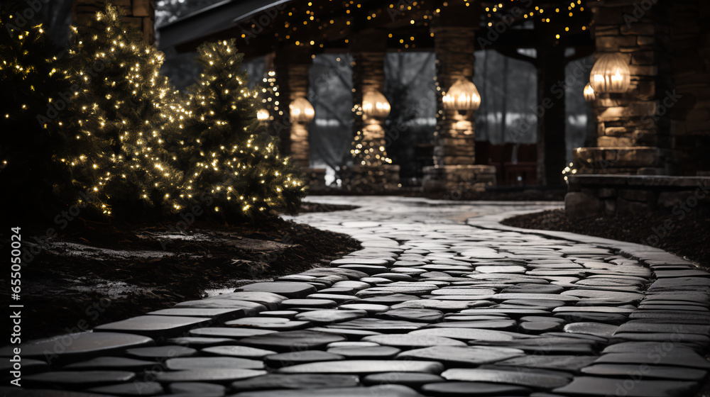 Cobblestone walkway - Christmas decorations - low angle shot - bakeh ...