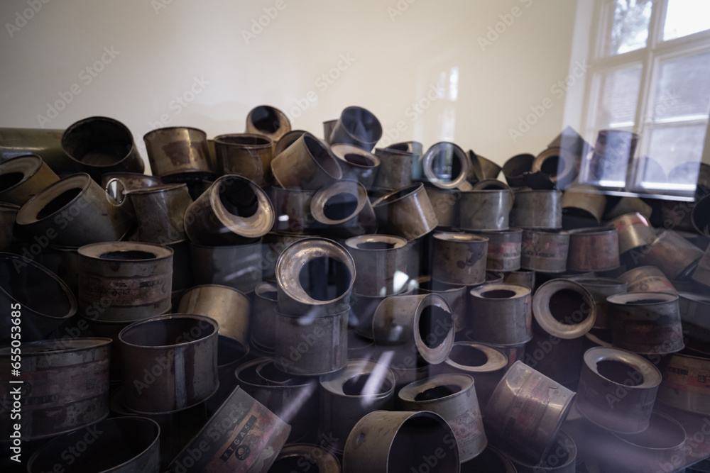 Poland, Auschwitz August 2, 2023. Empty Zyklon B gas cans in a ...