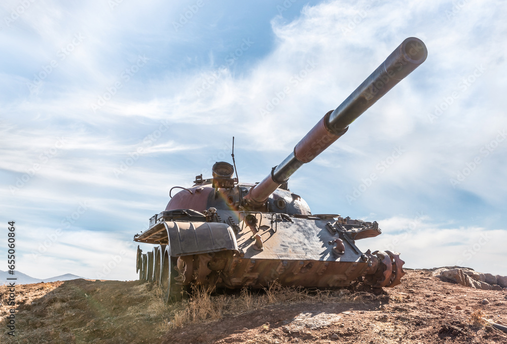 A Russian made Syrian tank destroyed during the Yom Kippur War is ...