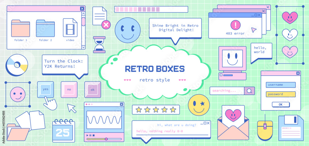 Y2K Retro Windows and Icons. Nostalgic Old Computer User Interface with ...