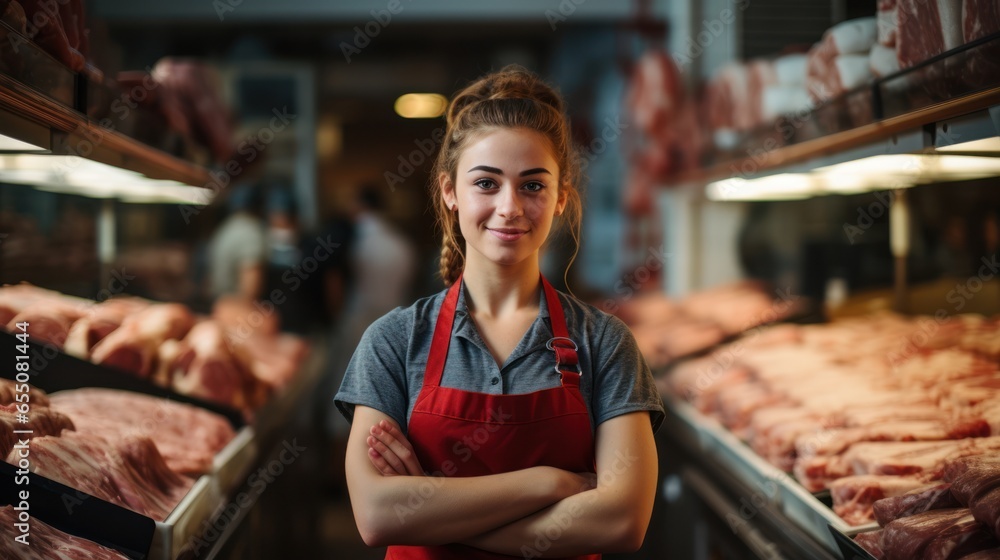 Foto de a female worker standing in front of a shelf with raw meat ...