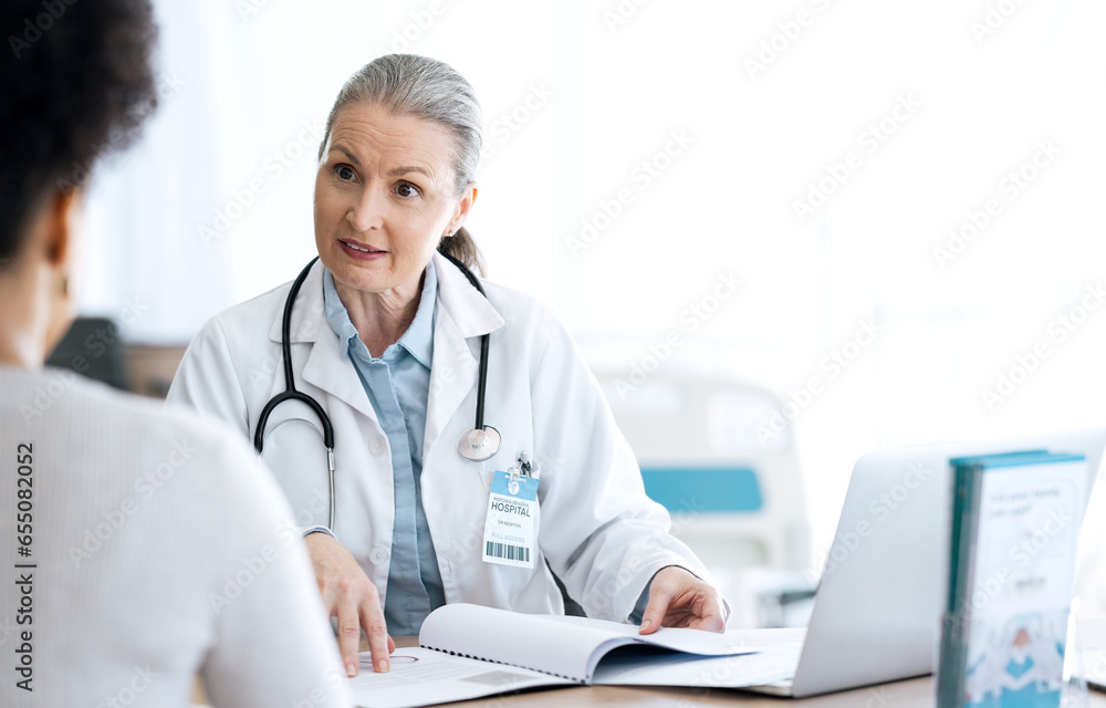 Doctor, woman and documents for healthcare consultation, hospital ...