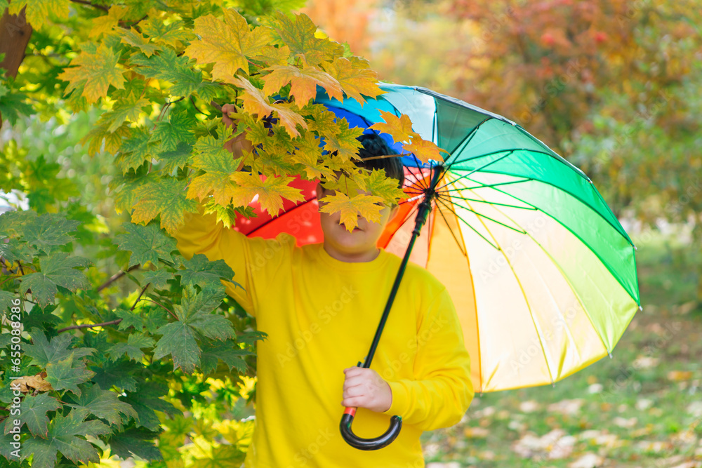 Cute boy dressed in yellow long sleeve standing under a colorful ...