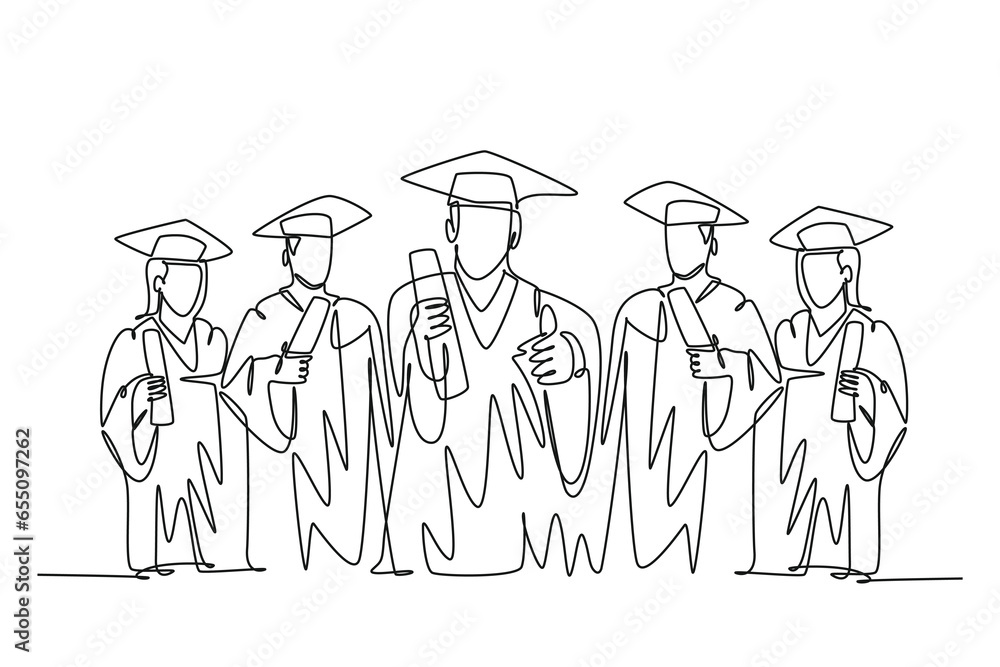 Continuous one line drawing group of happy graduate male and female ...