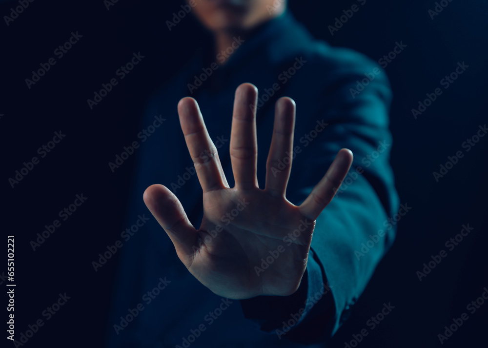 hand showing palm gestures stop, concept violence, refuse, defense ...