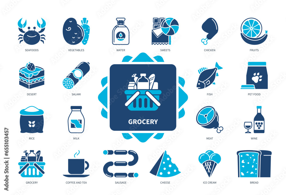 Grocery icon set. Seafoods, Water, Toast Bread, Pet Food, Sweets ...