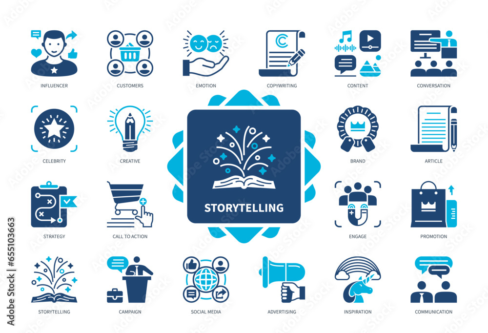 Storytelling icon set. Influencer, Customers, Communication, Social ...