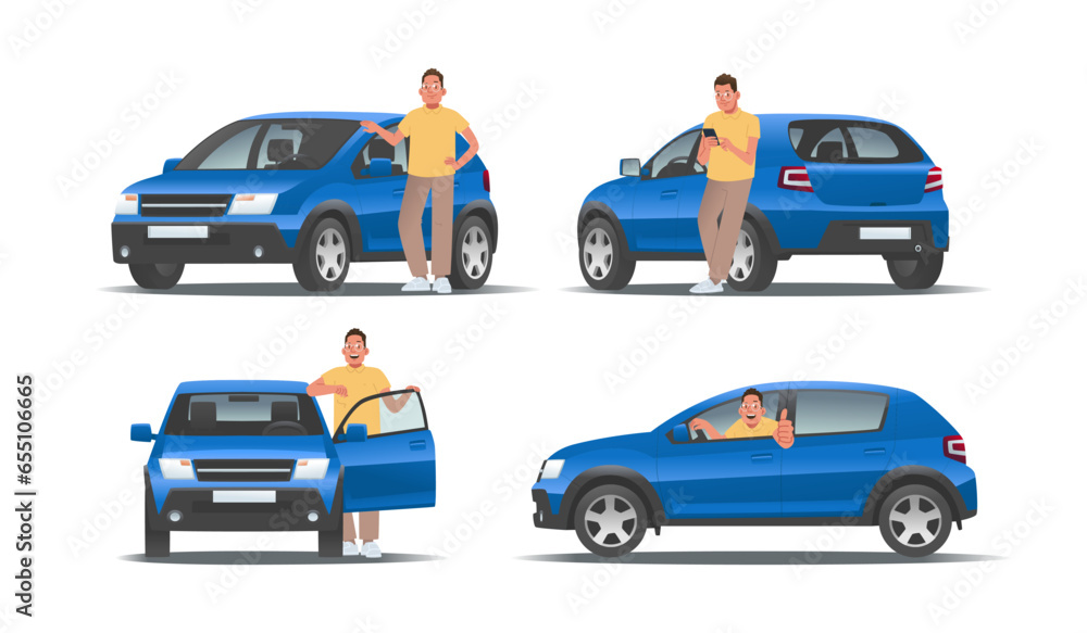 Happy man with a car on a white background in different views. The guy ...