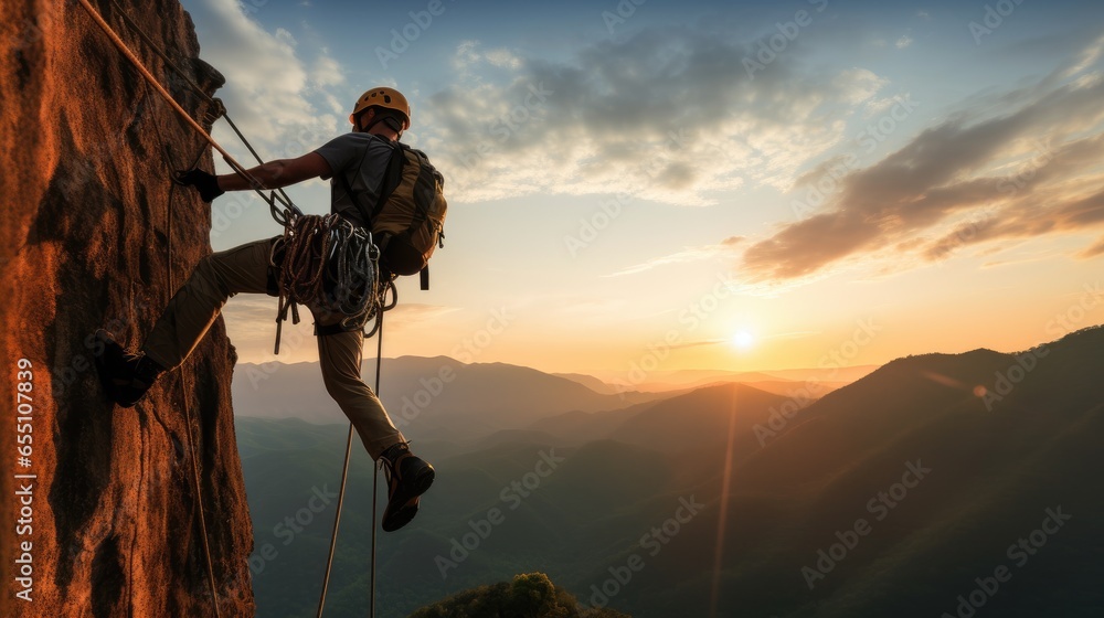 Climber rappelling down a cliff at dawn with helmet and backpack ...
