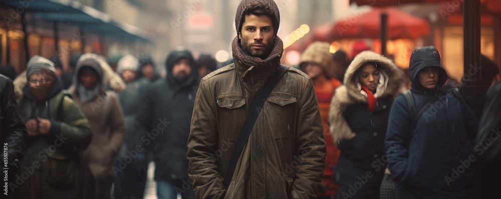 Alone man walking through the crowd of people on a street in the city ...