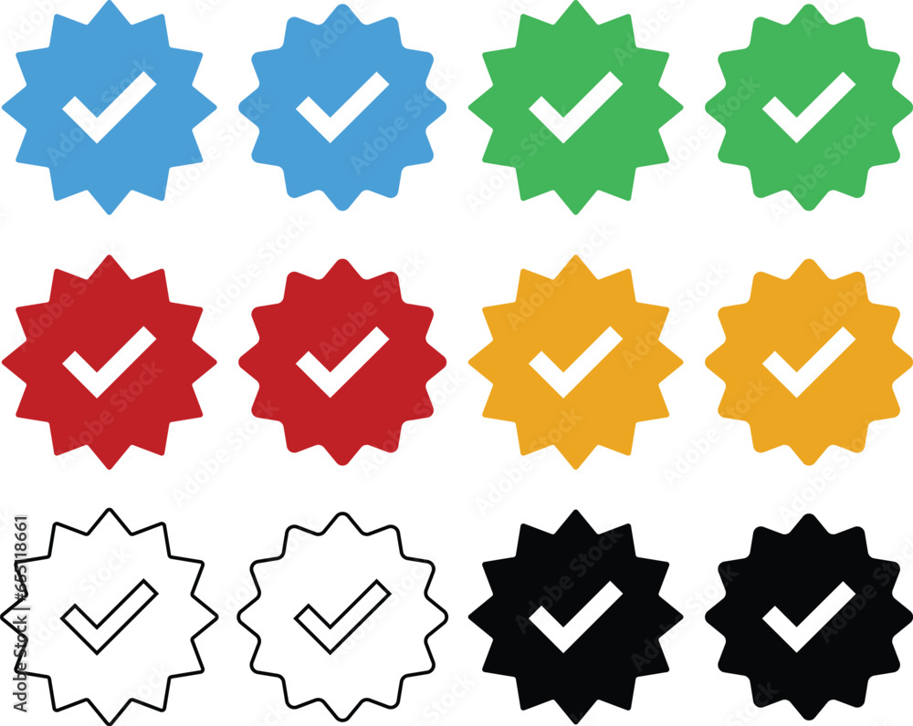 Check mark set. Blue green red yellow and black line tick verified badge icon. Approved profile ...