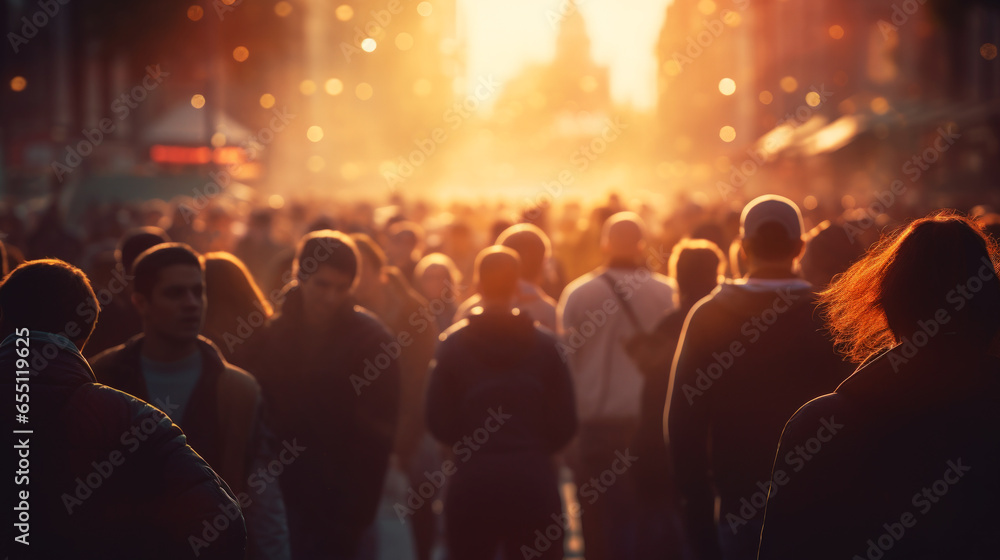 Blurred crowd of unrecognizable people at the street at sunset. crowd ...