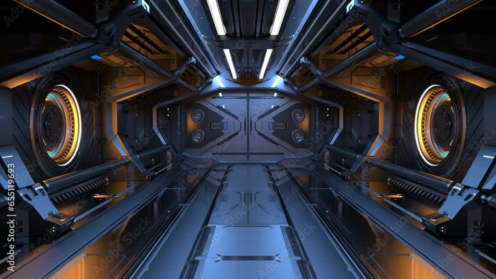 Sci-fi space corridor interior. Quick camera walk forwards showing ...