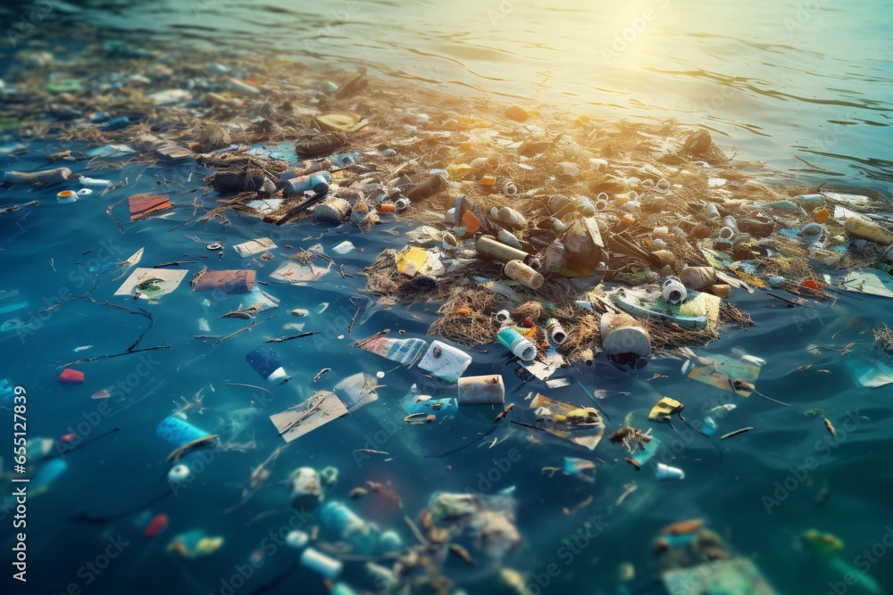 Mountains of garbage on the water. Plastic waste in the sea. Plastic ...