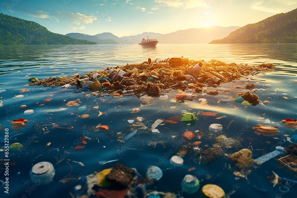 Mountains of garbage on the water. Plastic waste in the sea. Plastic ...