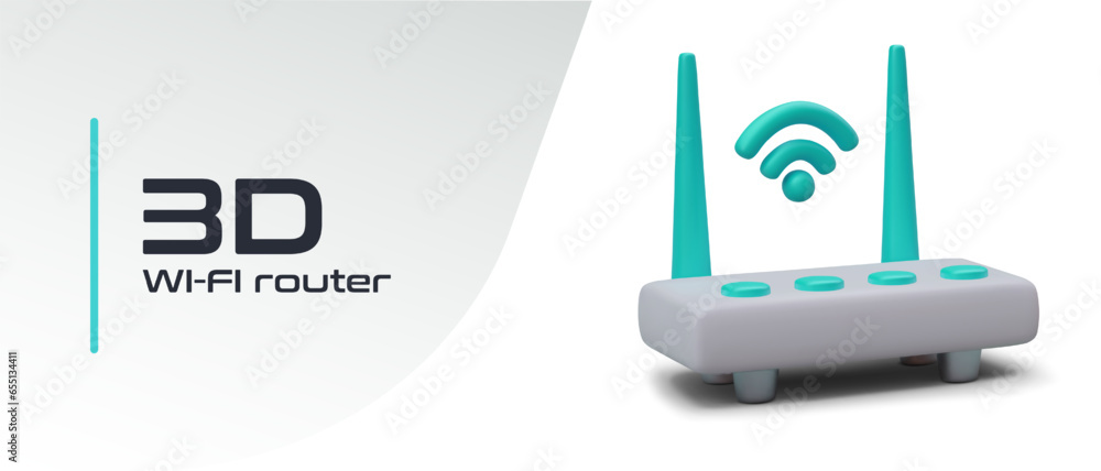 Realistic router with green antennas and WiFi signal. Wireless data ...
