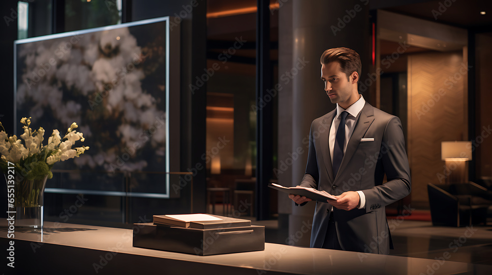 An affable concierge at an upscale apartment complex, assisting ...