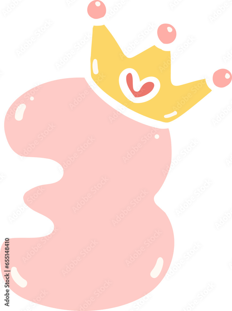 Cute pink birthday number 3 with crown illustration doodle Stock Vector ...