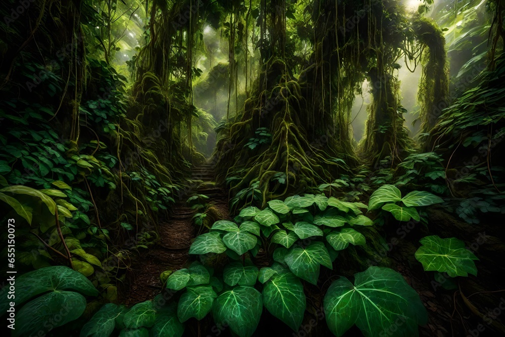 Produce an image that captures the intricate web of vines and creepers ...