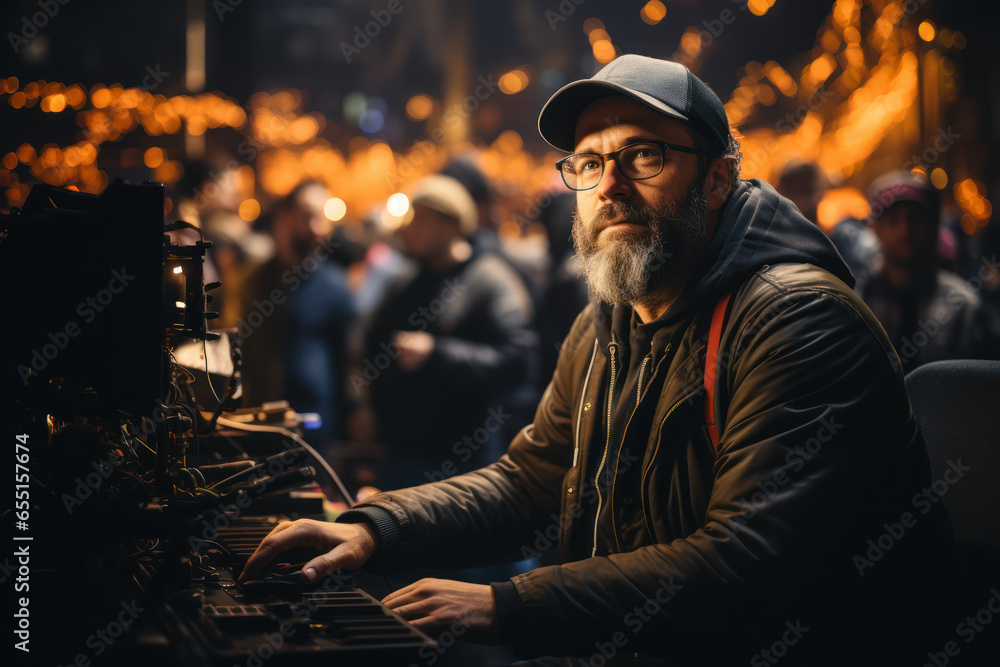 A film director behind the scenes, coordinating a movie shoot, offering ...