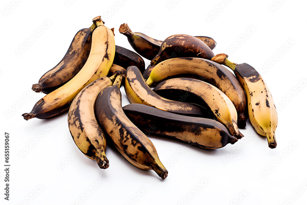 Pile of overripe bananas fruit with brown spots on decay peel isolated ...