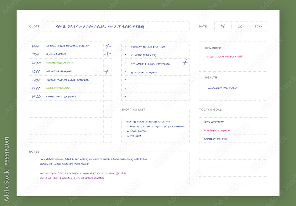 Clean Horizontal Planner Layout For Daily Plan Stock Template | Adobe Stock