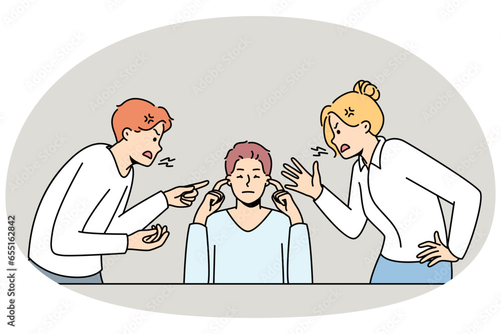 Man close ears ignore loud screaming colleagues shouting and lecturing ...