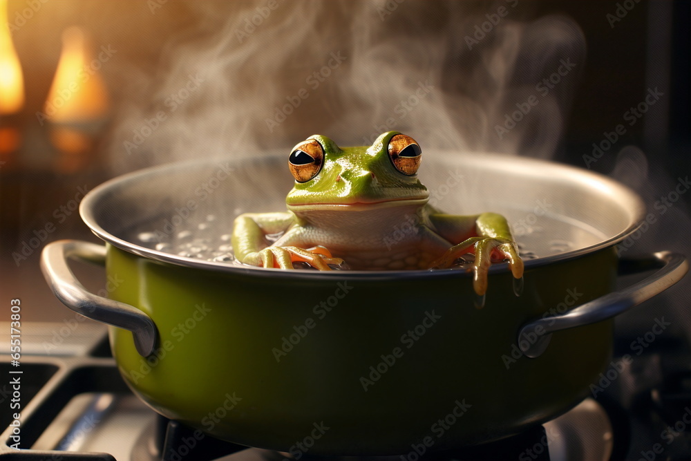 green tree frog in a pot of hot heating water on the stove Stock ...