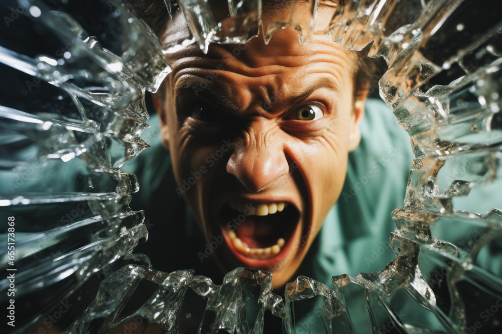 Intriguing view of an angry man behind distorted glass. Stock Photo ...