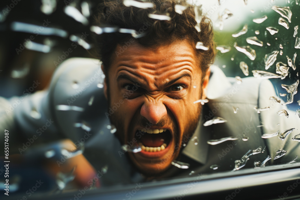 Engaging portrait of an infuriated man obscured by distorted glass ...