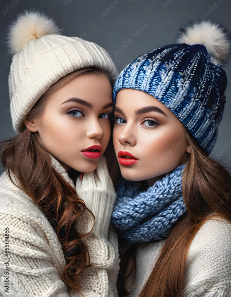 fashion illustration of to teen models in woolen winter clothing ...