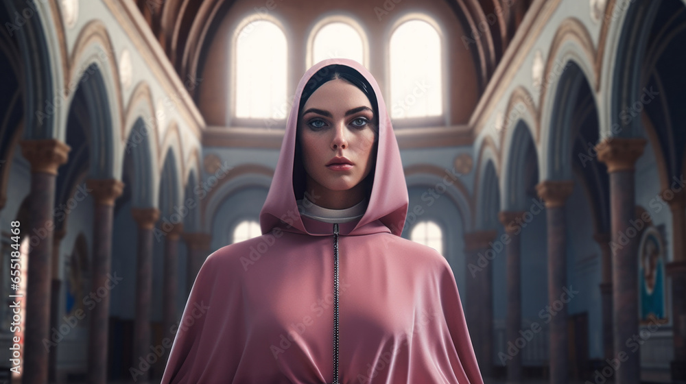 On halloween night, a woman nun stands out in her pink hooded cloak, an ...