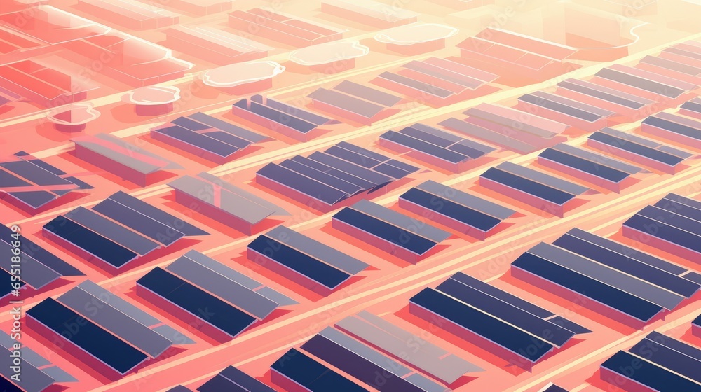 isometric illustration of a solar panel farm, with rows of solar panels ...