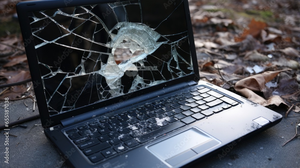Foto Stock Image of a broken laptop with a cracked, shattered screen ...
