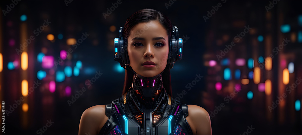 Beautiful female robot on colorful dark background, Artificial ...