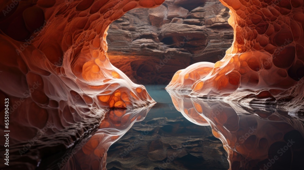 Illuminated underground sandstone cavern with crystal clear water pools ...