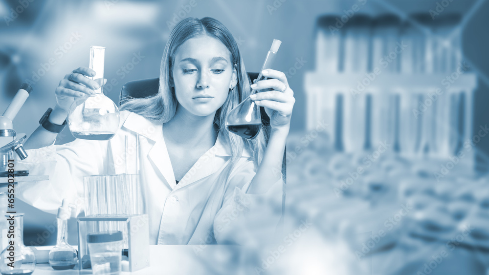 Woman medic in laboratory. Medical university student. Girl sits at ...