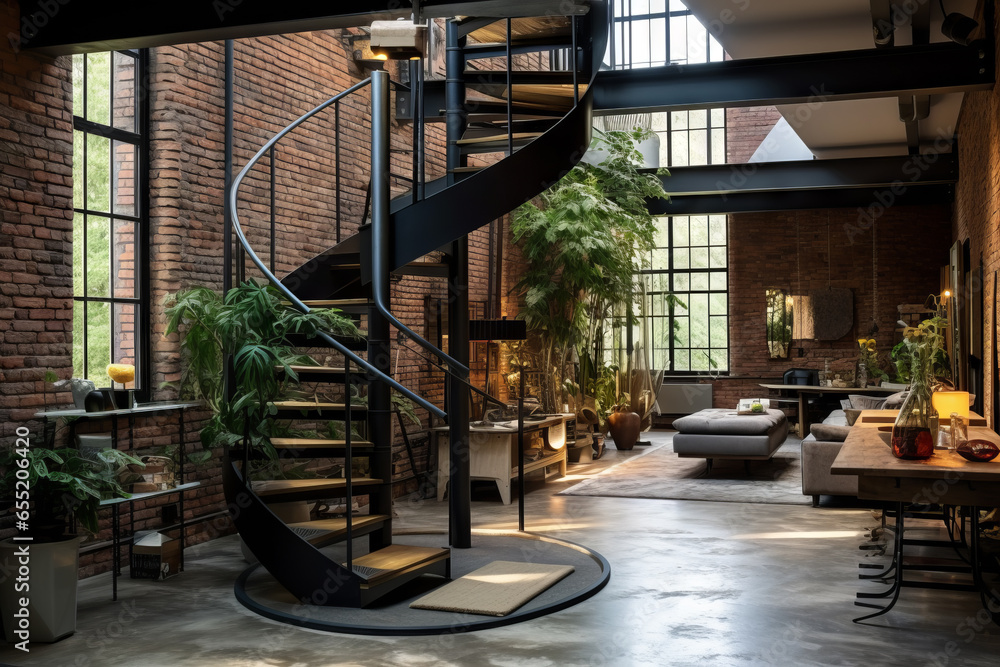 Spiral iron staircase and brick-exposed wall in a bohemian loft space ...
