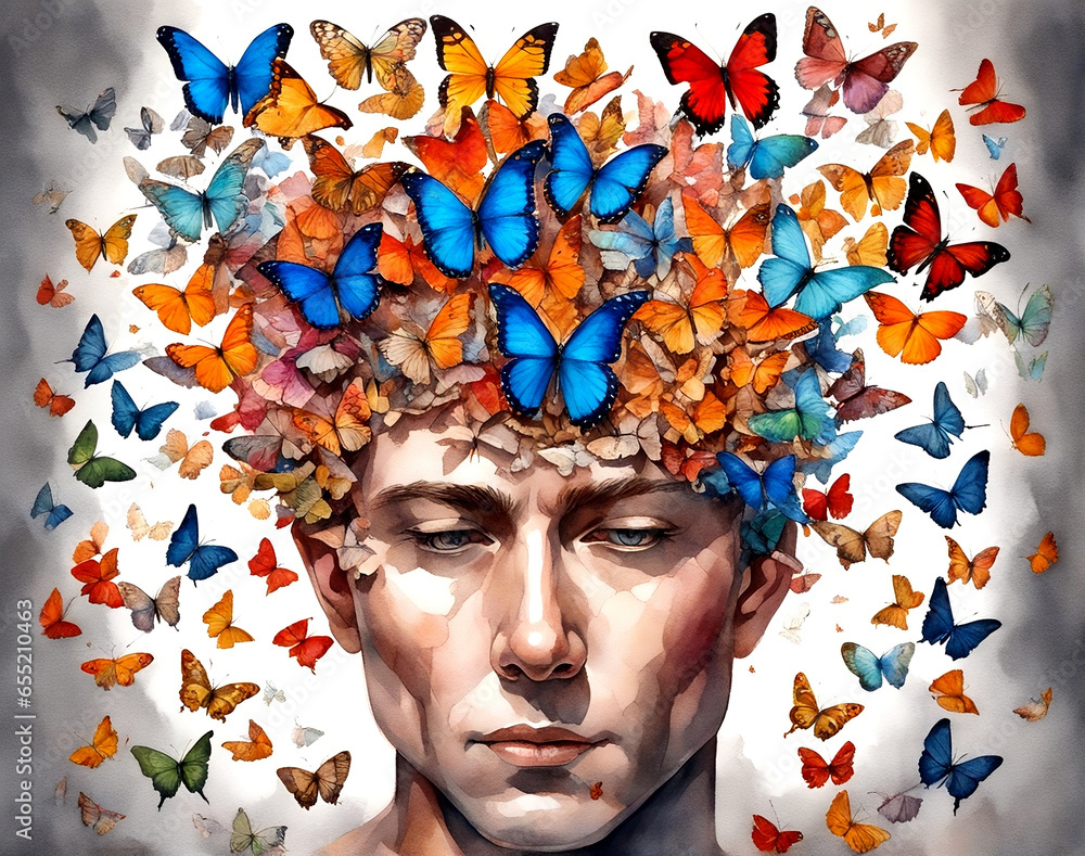 Illustrative colorful art of a human head transforming into butterflies ...