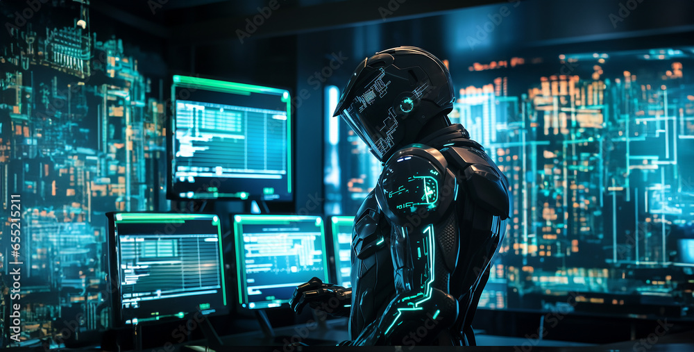 digital data transfer robot, side profile of a futuristic tron robot ...