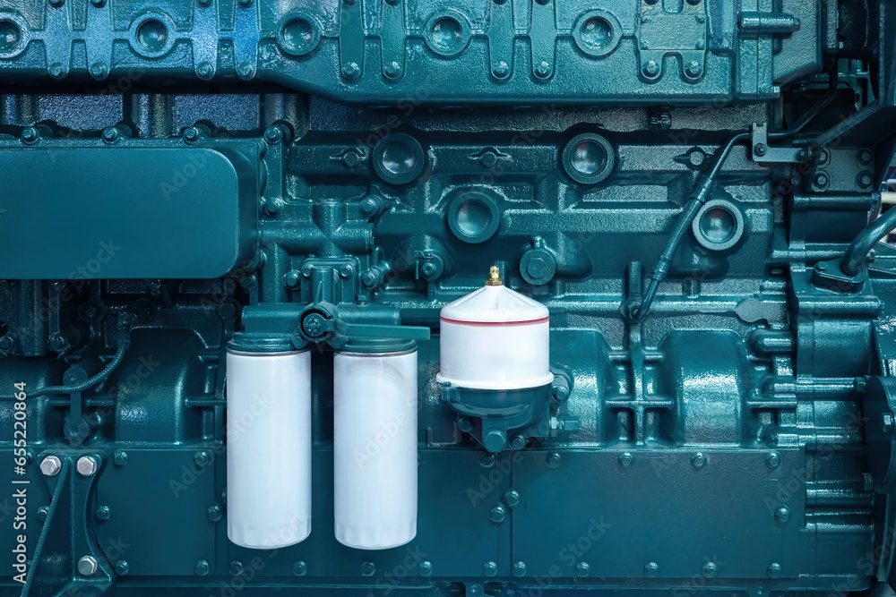 Fragment diesel engine. Motor ship close-up. Background from diesel ...