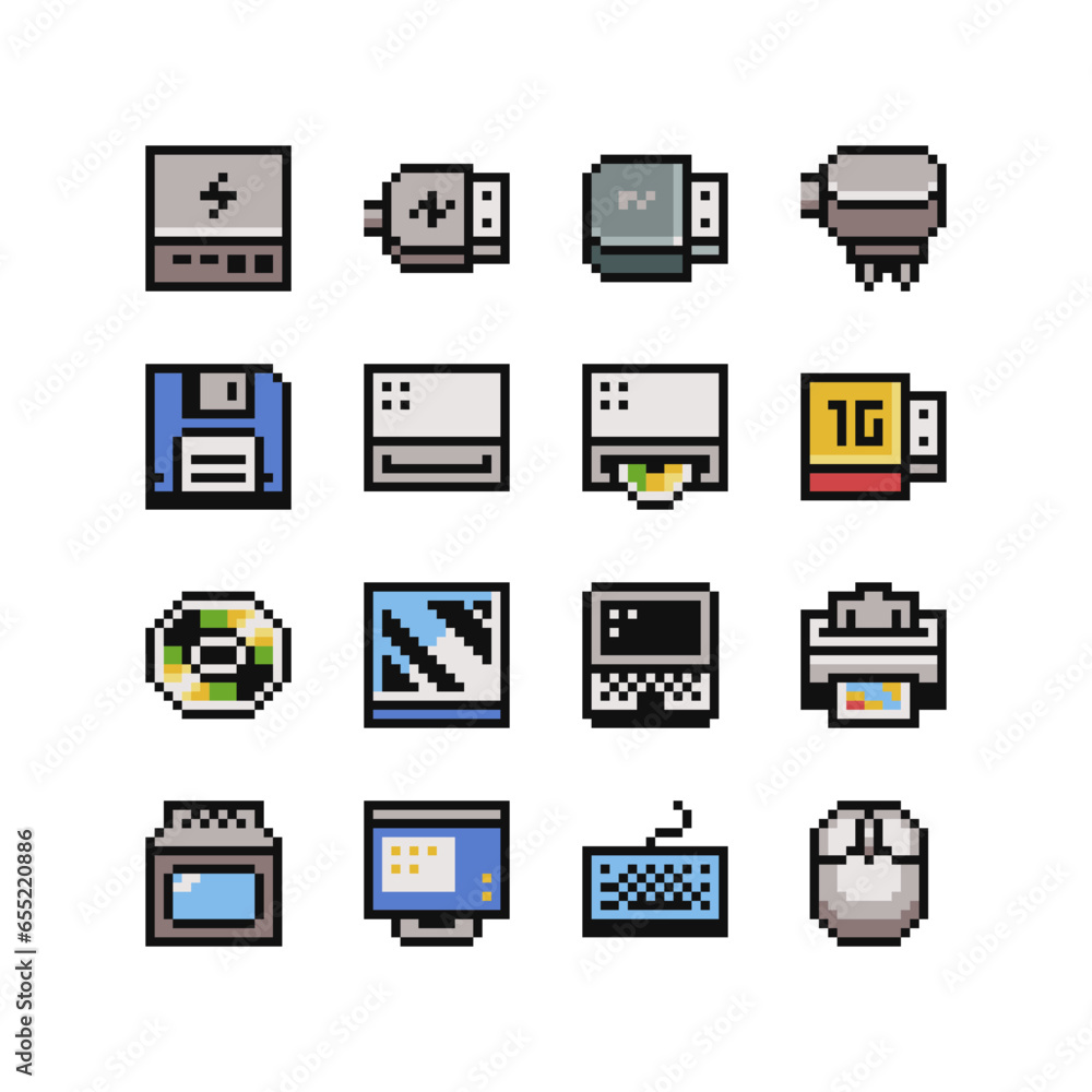 Computer parts old school set of devices retro 80s pixel art flat style ...