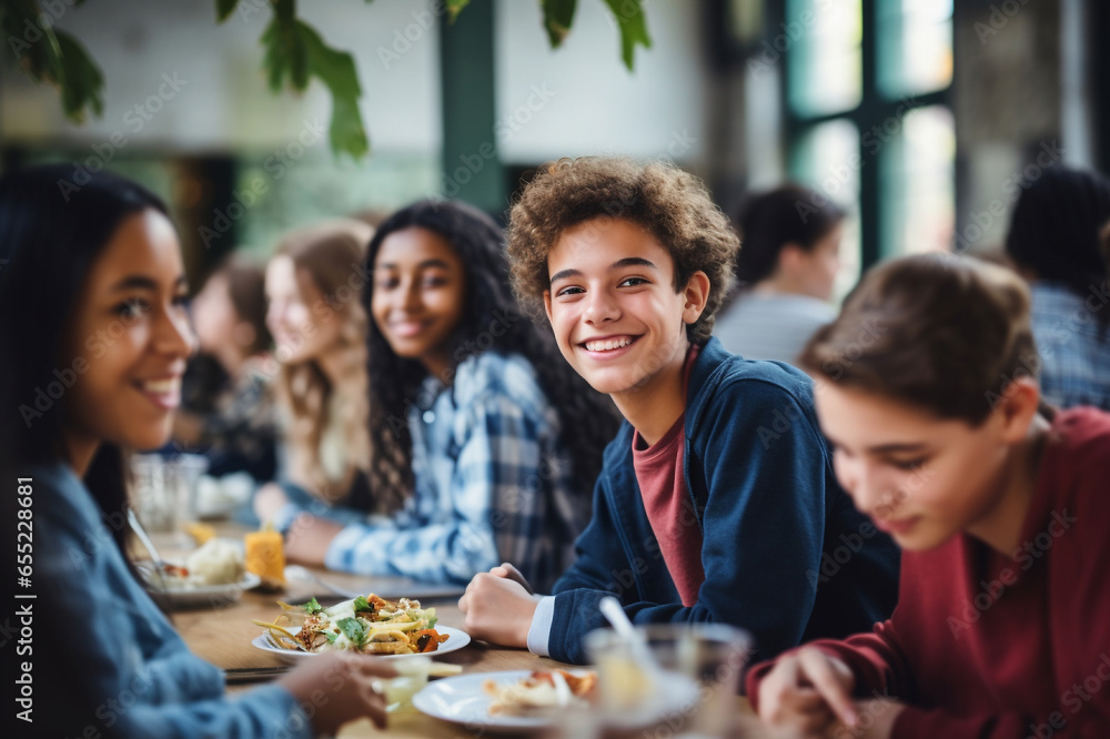 Students in a school dining room, sharing a meal and smiles, diverse ...