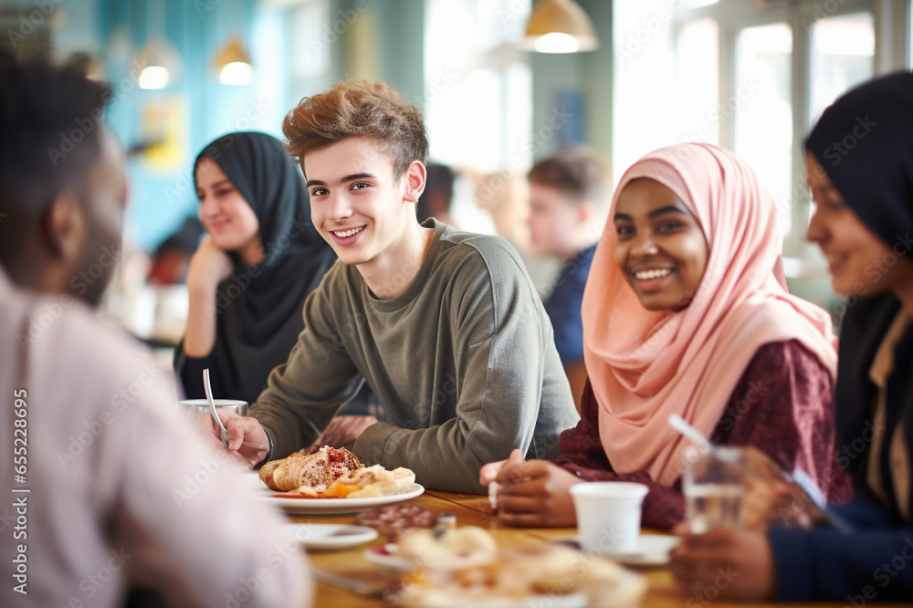Students in a school dining room, meal during lunchtime, inclusive and ...