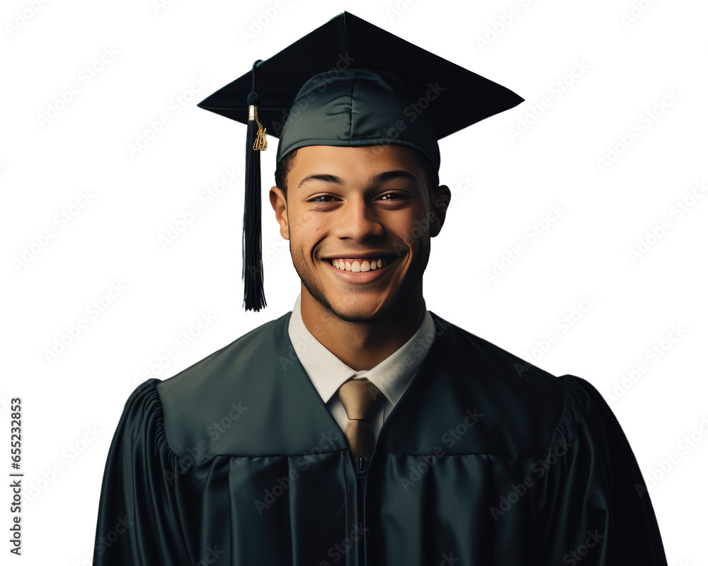 Successful male college student at graduation in his cap and gown ...