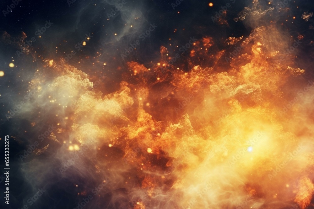 Fiery particles glowing against smoky backdrop. Misty texture overlays ...