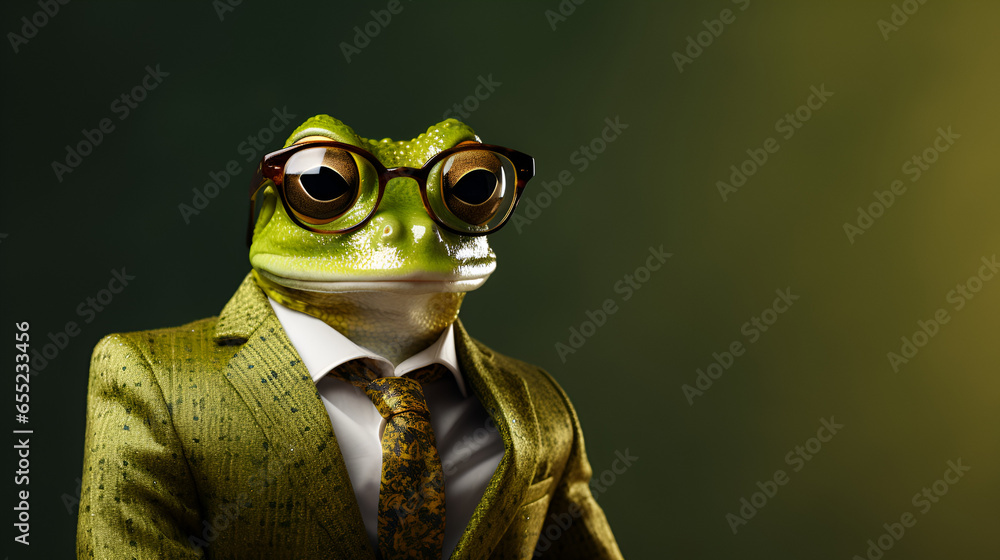 A frog wearing a snazzy jacket and tie. Stylish glasses complete its ...