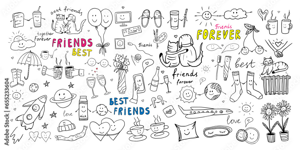 Cute set of friendship clipart in doodle style. Big collection with ...