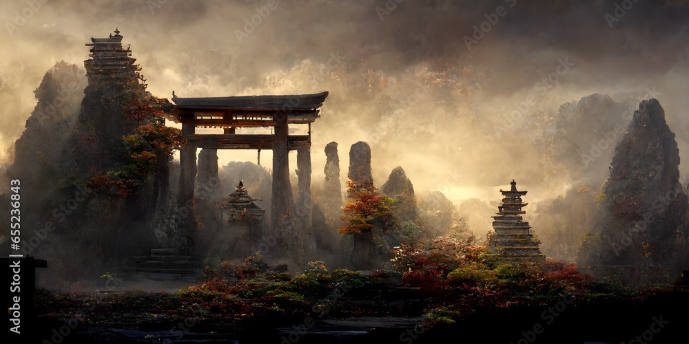 landscape Shinto shrine ancient temples ruins Autum sun glints soft ...