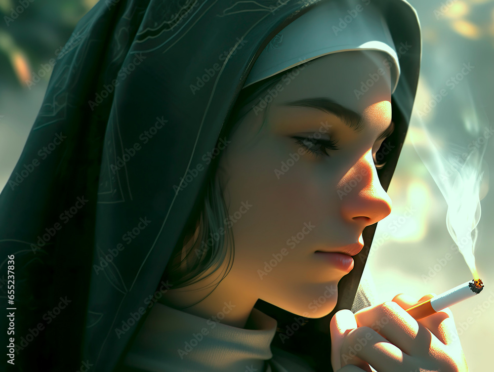 Portrait of naughty caucasian sexy nun smoking cigarette and wearing ...